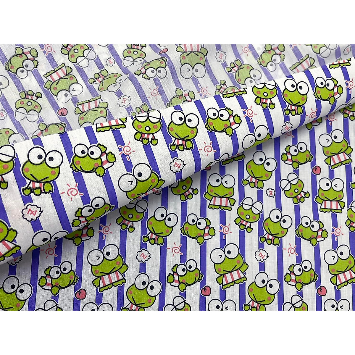 AMORNPHAN 44 Inch Green Keroro Happy Frog Cartoon Purple Stripes Printed On White Cotton Fabric Themed Pattern with Frogs for Craft Decorative Kid Patchwork Handmade Sewing Crafting for 1 Yard