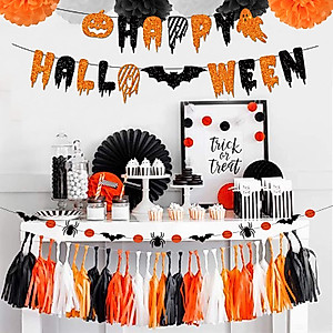 Black Orange White Halloween Party-Decorations - 8pcs Kits Happy Halloween Banner, Tissue Flower Paper Pom Poms Streamers,Bat Decor Garland,Birthday Wedding Baby Bridal Shower Lasting Surprise