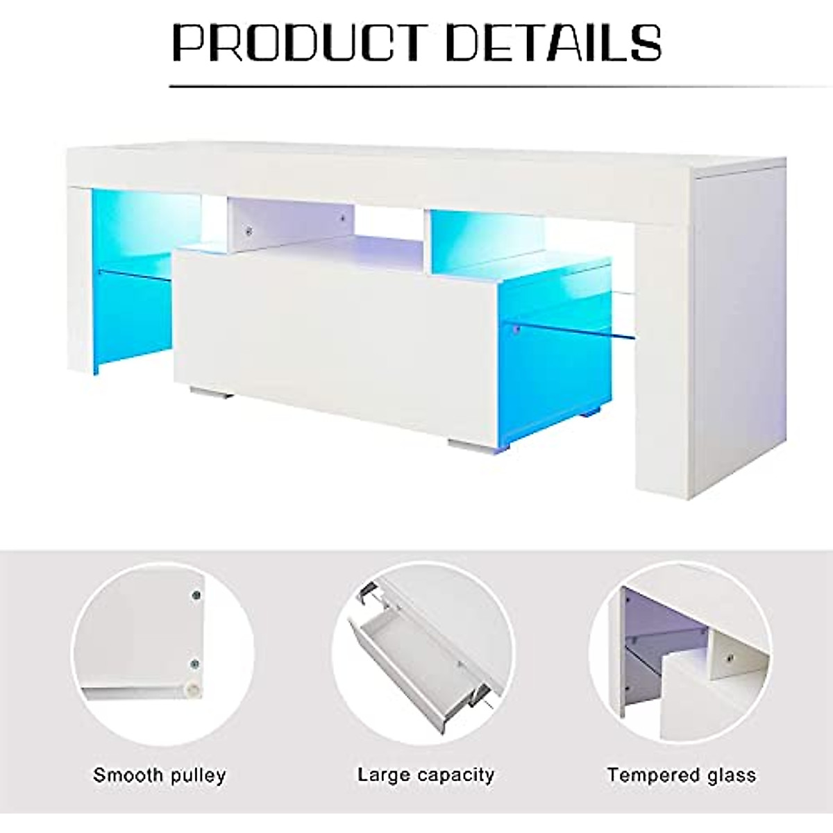 DMAITH White Modern LED TV Stand for 55/60/65 Inch TV, High Glossy Gaming Entertainment Center with Large Storage Drawers, TV Media Center with Display Glass Shelves for Living Room, Bedroom, 002W