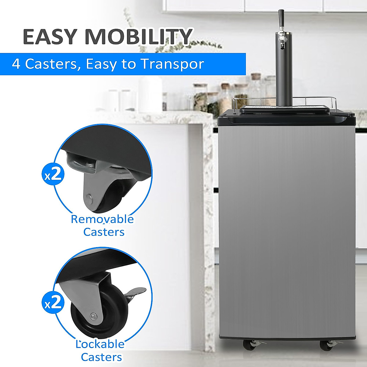 Keg Beer Cooler - 3.4 Cu.Ft. Capacity Kegerator w/ 4 Casters, CO2 Cylinder, Temperature Control - Black & Stainless Steel Finish