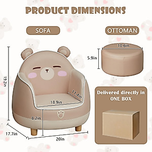 Kinsuite Leather Toddler Armchair with Ottoman- Bear Animal Kids Sofa Toddler Reading Chair Toddler Lounge Sofa Recliner for Nursery School Game Room Kindergarten Living Room, Brown