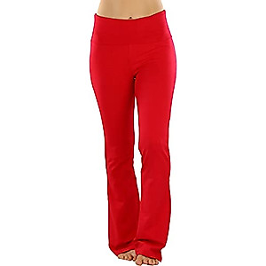 ToBeInStyle Women’s Premium Comfortable Cotton-Blend Fold Over Flared Yoga Pants Leggings - Ruby - Large