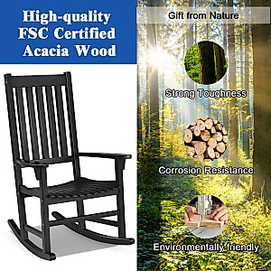 Tangkula Acacia Wood Porch Rocking Chair Set, Wooden Rocking Chair Rocker with High Back & Armrest for Indoor Outdoor Use, Patio Rocker for Garden Lawn Balcony Backyard Poolside (2, Black)
