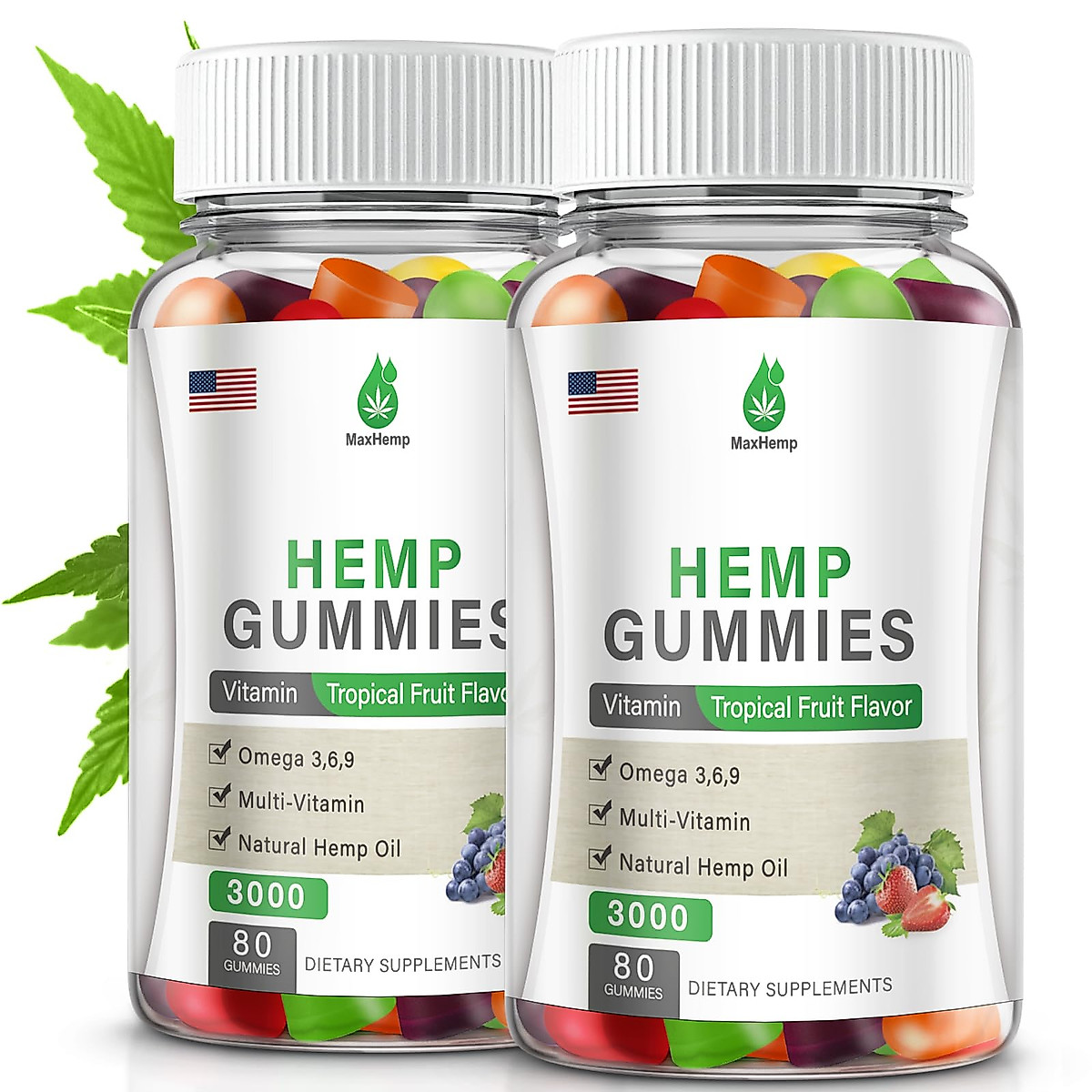 Hemp Gummies 2 Packs - 100% Natural Organic Hemp Gummy Extra Strength High Potency with Pure Hemp Oil Extract Vegan Edible Bear Candy Made in US