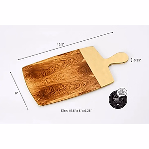 Pampa Bay Wood Look Titanium-Plated Porcelain Rectangular Serving Board, 15.5 x 8 Inch, Gold/White/Wood look