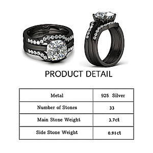 Jeulia 3.7ct Diamond Band 3PC Cushion Cut Sterling Silver Ring Set Bridal Halo Wedding Promise Ring Classic Dainty Brilliant Anniversary Engagement Art Deco Jewelry with Gift Box (Black, 7)
