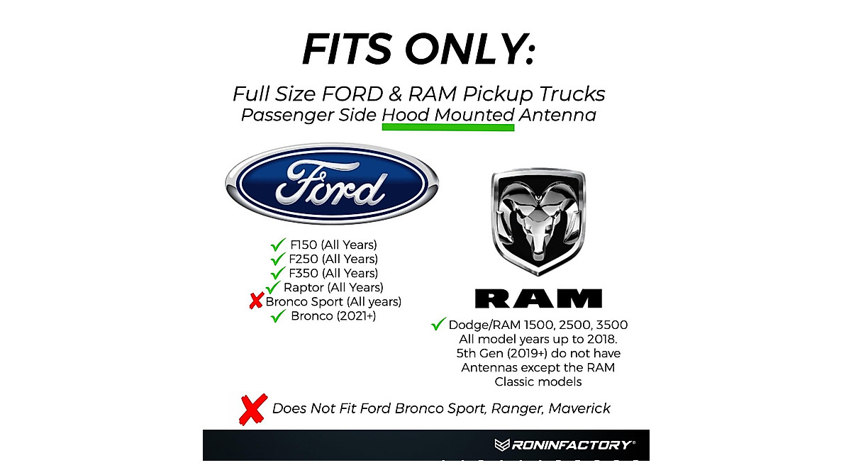 RONIN FACTORY Short Antenna for Ford & RAM Trucks