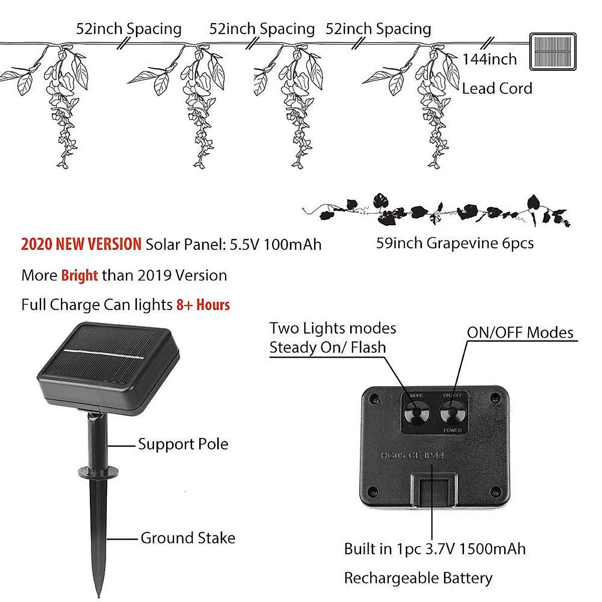 Flower String Lights Solar Powered, 33.6FT Patio String Lights with 60 Warm White LED, 6 Clusters Wisteria Floral and 6 Grapevines Outdoor Lights Perfect for Home Garden Wedding Party Umbrella Décor