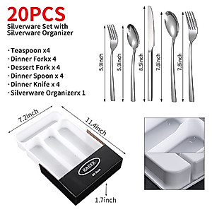 20-Piece Silverware Set with Organizer, Modern Eating Utensils Sets Service for 4, Durable Stainless Steel Flatware Set Include Fork Knife Spoon Set Hammered Cutlery Set for Home, Restaurant