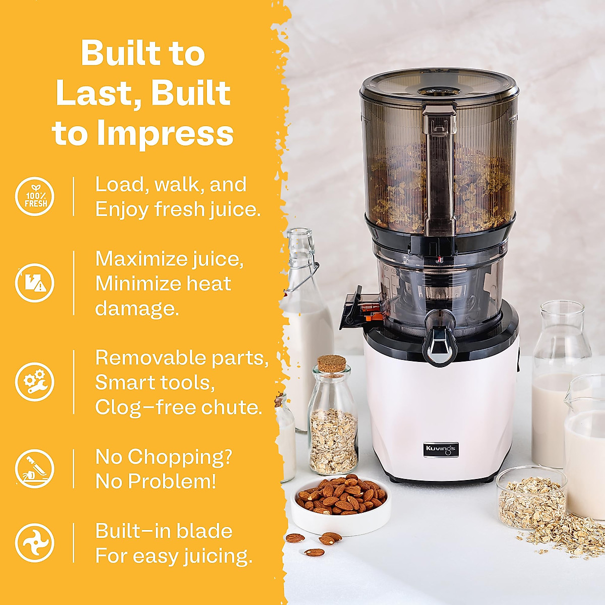 Kuvings AUTO10 Cold Press Juicer White - Hands-Free Masticating Juicer With 240W Motor - Quiet Electric Juicer Machine With 100 Ounce Batching Hopper for Juice, Smoothies, Nut Milk, and Sorbets