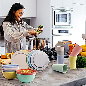 Greenandlife Premium Plastic Dinnerware Sets for 6(24pcs), Unbreakable Microwave Safe Reusable Lightweight Plates and Bowls Sets Cups Dishwasher Safe Dishes for Outdoor Camping, RV