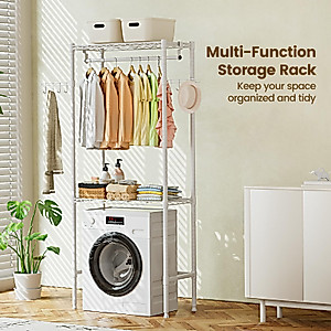 Memobarco Over Washer and Dryer Shelves, 2 Tiers Metal Clothes Drying Rack, Laundry Room Bathroom Organization, Space Saving Freestanding Closet Organizer Storage with Wire Shelves Side Hooks, White