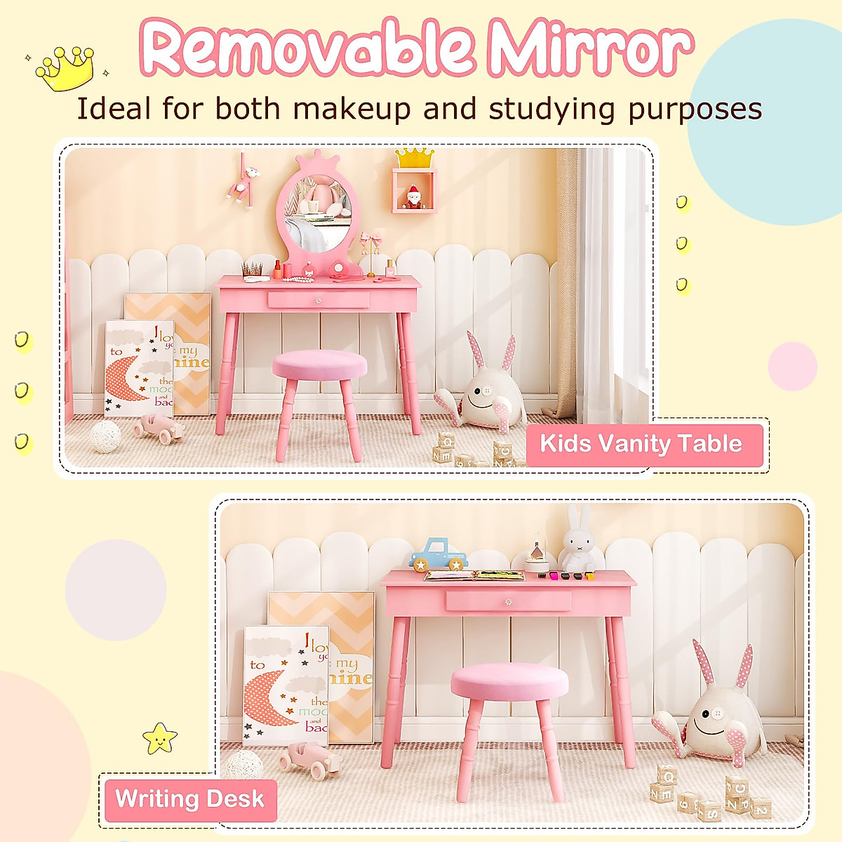 HONEY JOY Pink Crown Makeup Vanity, Includes Chair & Real Glass Mirror, Large Engineered Wood Kids' Vanity Set, Safe & Sturdy, Easy to Install & Clean, Pink