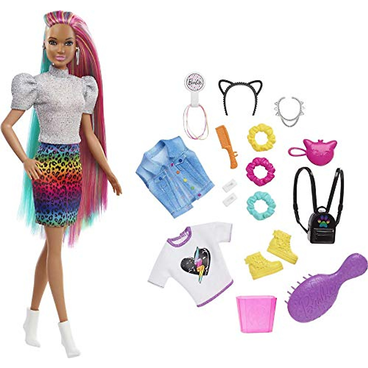 Barbie Doll Leopard Rainbow Hair Brunette With Color-Change Highlights & 16 Styling Accessories Including Clothes, Scrunchies, Brush & More