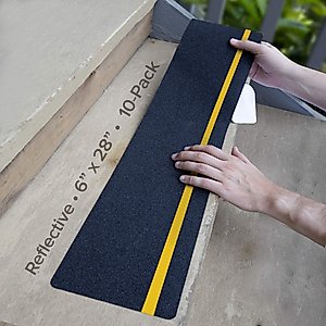 LifeGrip Anti Slip Traction Treads with Reflective Stripe (10-Pack), 6" X 28", Best Grip Tape Grit Non Slip, Outdoor Non Skid Tape, High Traction Friction Abrasive Adhesive for Stairs Step, Black