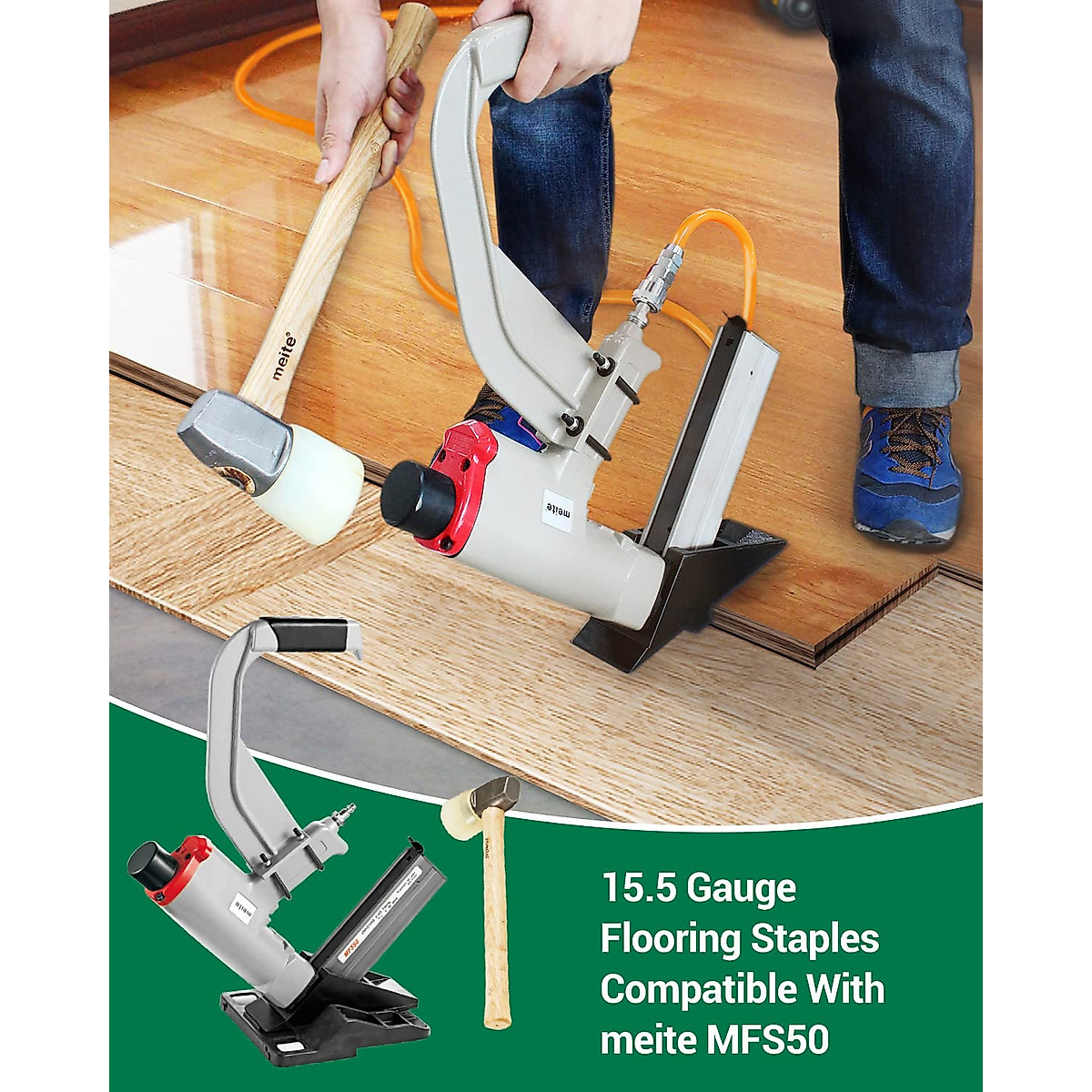 meite 15.5 Gauge Flooring Staples, 2-Inch Length 1/2-Inch Crown Hradwood Floor Staples Collated Galvanized Flooring Staples (1,012 Counts)