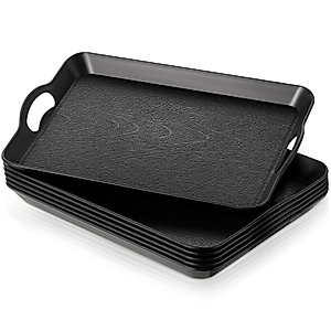 6 Pcs Serving Trays with Handles Trays for Eating 16 x 11 Inch Multi Purpose Plastic Tray Rectangular Anti Skid Decorative Food Tray for Restaurant Breakfast Countertop Party Kitchen (Black)