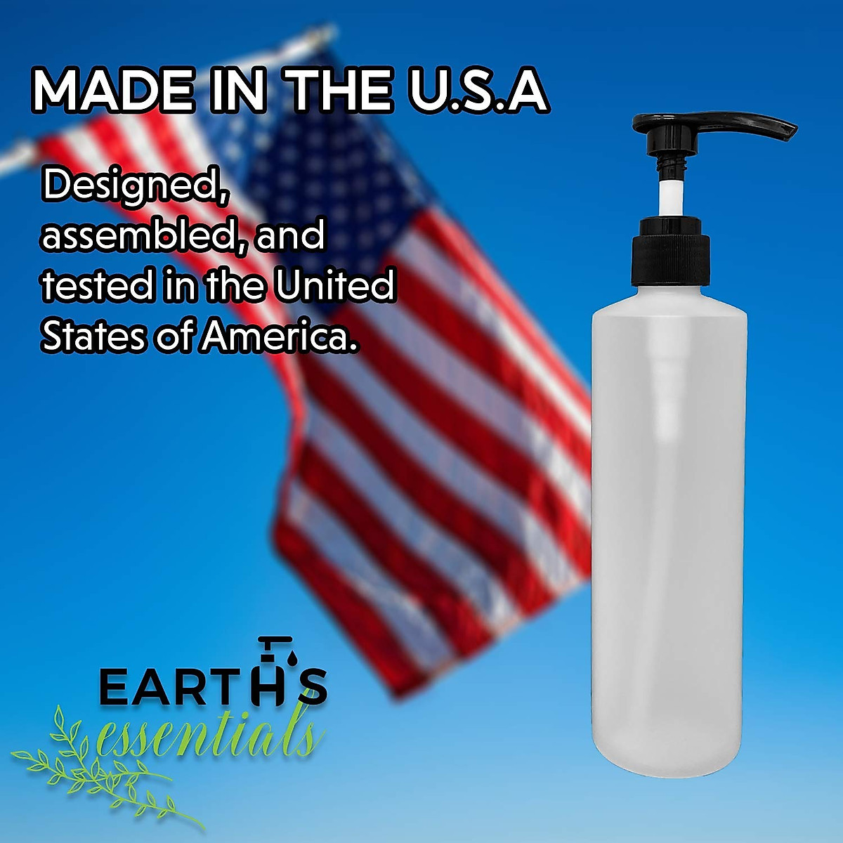 Earth's Essentials Two Pack Of Refillable 16 Oz. HDPE Plastic Pump Bottles With Patented Screw On Funnel-Great For Dispensing Lotions, Shampoos and Massage Oils.