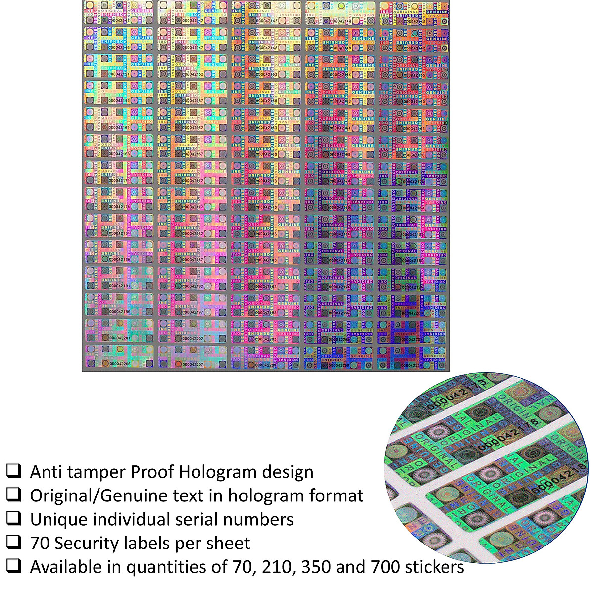 700 Tamper Proof Stickers, Tamper Evident Stickers. Genuine Original Holographic Security Seal, Tamper Resistant Hologram Foil Tape Feature with Serial Numbers. Strong Adhesive. (700 Stickers)