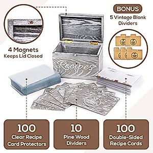 Wooden Recipe Box with Cards and Dividers,100 Recipe Cards 4x6 Double Sided and 100Clear Recipe Card Protectors,10 Wood Dividers Rustic Style Set,Grandma Mom Women Wedding Bridal Shower