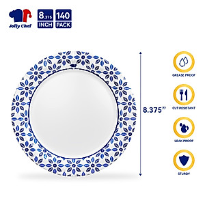 JOLLY CHEF 8.37 inch Disposable Paper Plates 140 Count Soak Proof, Cut Proof, Heavy Duty Printed Disposable Plate for Everyday Use