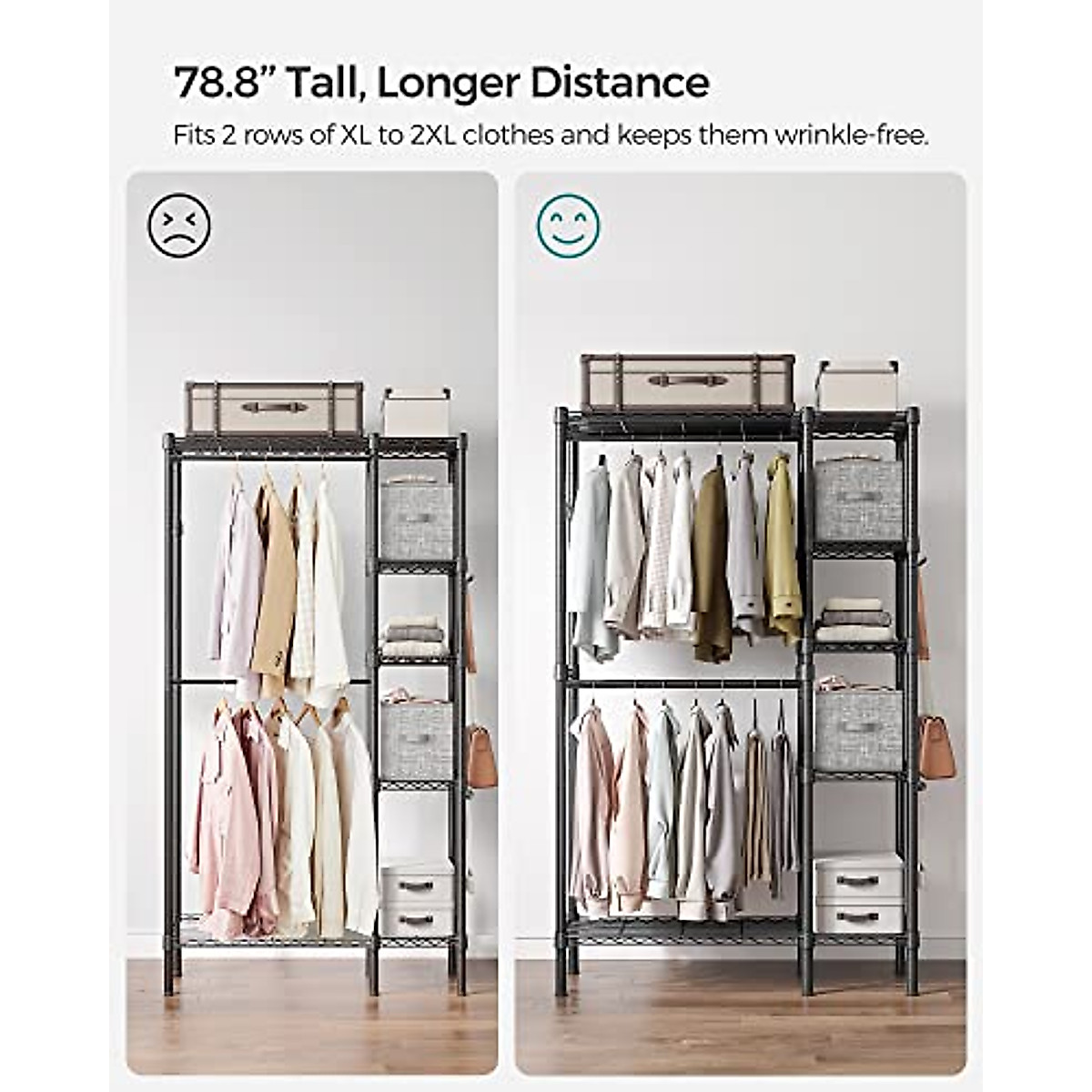SONGMICS Garment Rack Heavy Duty Clothes Rack, Freestanding Portable Wardrobe Closet for Hanging Clothes with 2 Storage Boxes, 8 Hooks, Adjustable Wire Shelves, 2 Hanging Rods, Black ULGR422B01