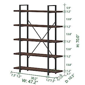 IBF 5 Tier Solid Wood Bookshelf, Industrial Natural Real Wood Metal Tall Bookcase, Modern Rustic Large Open Book Shelf Storage, Farmhouse Wide Etagere Bookcase for Office Living Bedroom, Rustic Gray