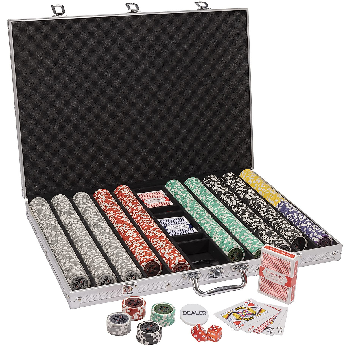 Ultimate Poker Chip Set Aluminum Carry Case - Holo Inlay Heavyweight 14-Gram Casino Quality Poker Chips - with Dice and Playing Cards - Heavy-Duty Protection - Locking Portable Case (1000 ct Rolling)