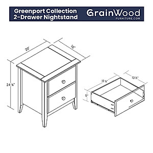 Grain Wood Furniture Greenport 2-Drawer Bedroom Nightstand, Solid Wood with Brushed Walnut Finish