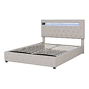 Queen Size Upholstered Platform Bed with Gas Lift up Storage,Adjustable Headboard Featured w/Bluetooth Audio, LED Light and USB Charging,Hydraulic Storage Platform Bed for Kids Teens Adults