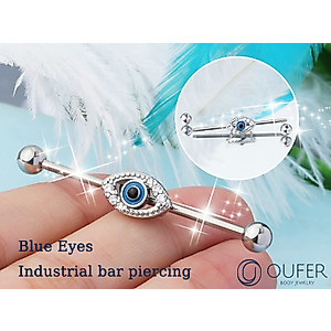 OUFER Eyes Industrial Barbells, 316L Surgical Steel Industrial Earrings, Clear CZ Paved 14G Gold Industrial Piercing Jewelry, Cartilage Earrings