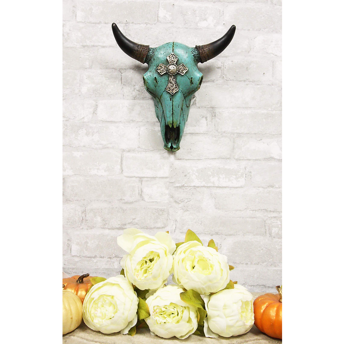 Ebros 10.5" Wide Western Southwest Steer Bison Buffalo Bull Cow Horned Skull Head Turquoise Silver Cross With Floral Lace Design Wall Mount Decor Native Indian Sacred Animal Totem Bust Skulls