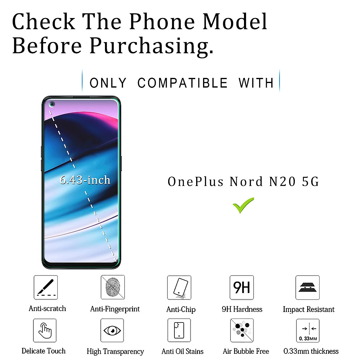 KATIN [2-Pack] Screen Protector For OnePlus Nord N20 5G [Not Fit for Nord N200 5G] Tempered Glass, Anti Scratch, 9H Hardness, Case Friendly