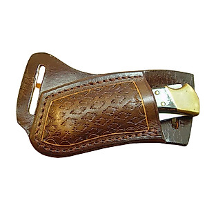 Custom left hand cross draw knife sheath for a buck 110 knife. The sheath is made out of buffalo hide leather hand tooled with a basket weave pattern.
