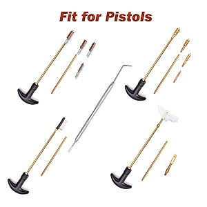 Gun Cleaning Kit 19 in 1 with Special 9mm Handgun Snake .22 .38 9mm .40 .45 Caliber Pistol Bronze Bore Brush and Brass Jag Adapter,100Pcs 3" Cotton Swabs Empty Bottle by DINGDOON