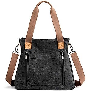 Women's Canvas Tote Handbags Vintage Casual Shoulder Work Bag Crossbody Purses (Black) One Size