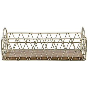 MyGift 16 Inch Toilet Tank Storage Tray with Premium Solid Acacia Wood Base and Brass Tone Metal Geometric Wire Frame, Bathroom Sink Vanity Toilet Paper Holder with Handles