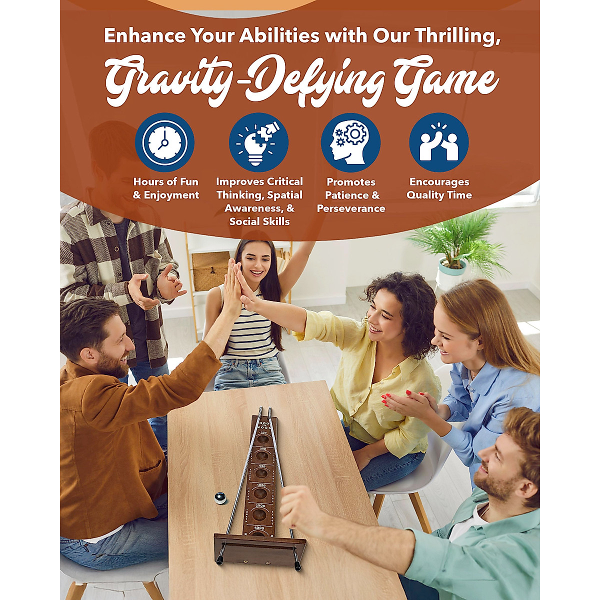 WE Games Shoot The Moon Game, Large 18 inches, Walnut Stained Solid Wood Board with Metal Ball and Rods, Retro Balancing Game for Family and Bar