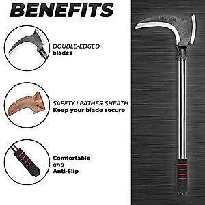 Scythe Garden Tool for Mowing Grass - 21-inch Anti-Slip Long Handle Weeding Scythe Sickle Garden Tool with Dual Scythe Blade and a Leather Sheath and a Small Sharpening Stone