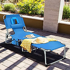 Goplus Tanning Chair, Folding Beach Lounge Chair with Face &Arm Hole, 5-Position Adjustable,Removable Pillow,Side Pocket, Sunbathing Chair, Portable Outdoor Lounge Chair for Patio Pool Lawn (1, Navy)