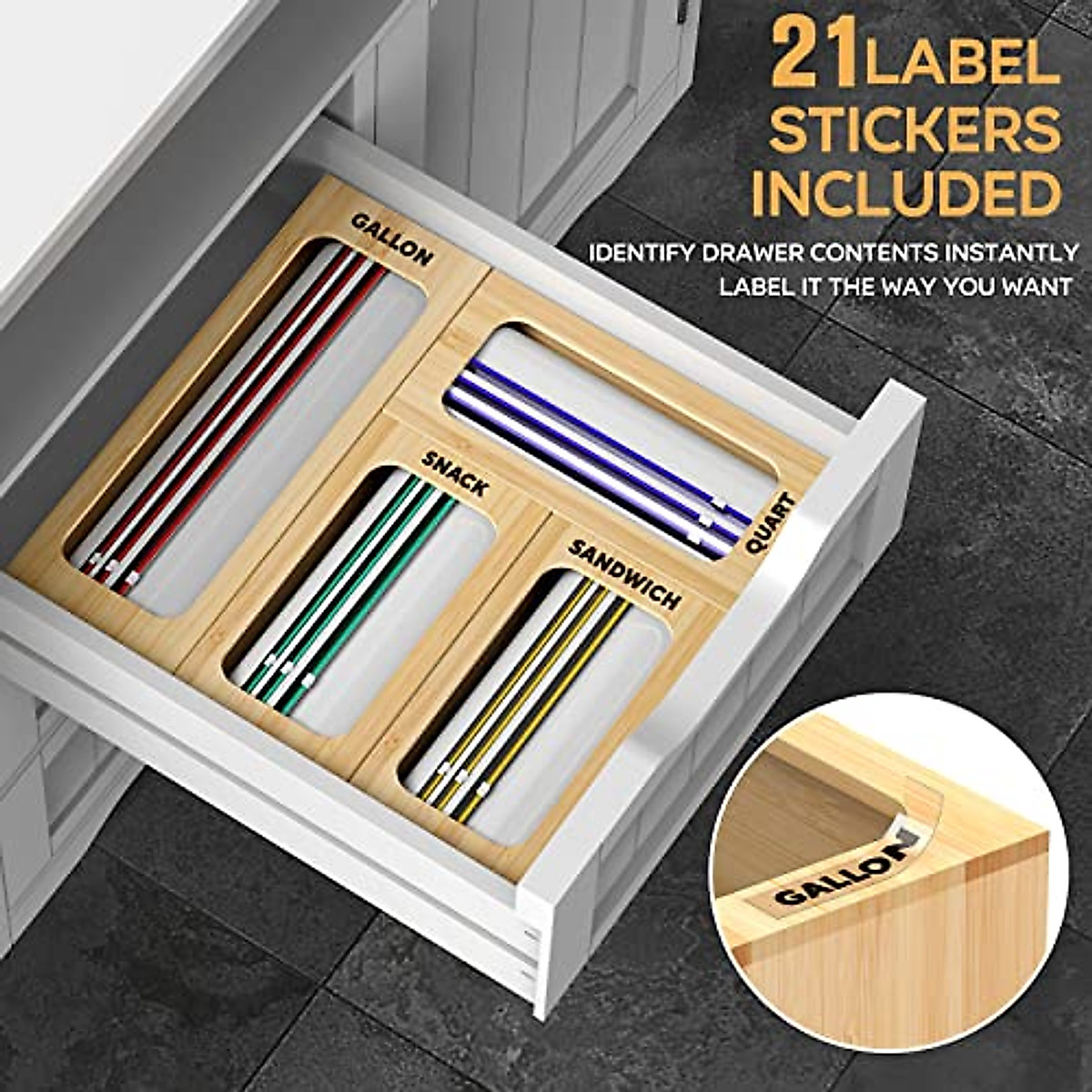 Ziplock Bag Storage Organizer for Kitchen Drawer - Magnetic Food Storage Bag Holders, Bamboo Baggie Organizer, Compatible with Gallon, Slider, Quart, Sandwich, Snack & Variety Size Bag （4-pack）