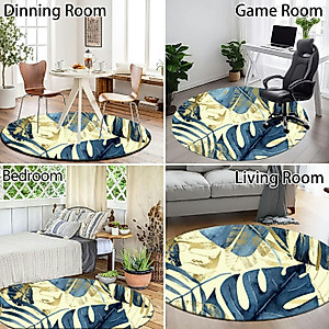 Round Rug 4ft for Kitchen Living Room Bedroom Dining Room Table Outdoor Entryway Washable Large Carpet Circular Circle Area Rug Watercolor navy blue and golden tropical leaves a light monstera palm