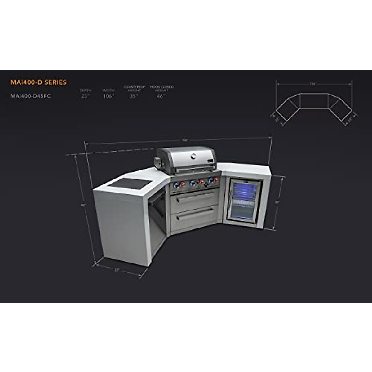 Mont Alpi MAi400-D45FC 32-Inch 4-Burner 78000 BTU 45-Degree Deluxe Stainless Steel Island Outdoor Kitchen Gas Barbecue Island Grill + Compact Refrigerator Wine Cooler + Infrared Side Burner