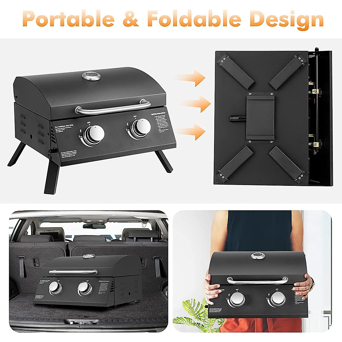 Grill Portable Gas Grill, 20,000 BTU Two Burner Tabletop Barbecue Grill w/Built-in Thermometer, Grease Tray, Waterproof Top Lid, Folding Legs, Compact Propane Grill for Backyard, Camping, Picnic