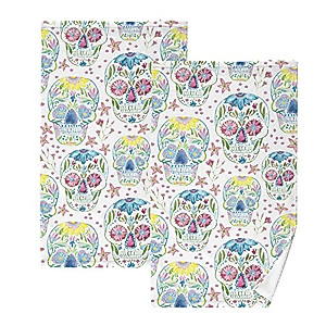 ALAZA Sugar Skull Floral Day of Dead Hand Towels for Bathroom 1OO% Cotton 2 pcs Face Towel 16 x 28 inch, Absorbent Soft & Skin-Friendly