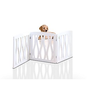Wooden Pet Gate, Foldable and Freestanding, For Indoor Home and Office Use. Keeps Pets Safe [White Cascade Wave Decorative Design. Easy Set Up, No Tools Required]