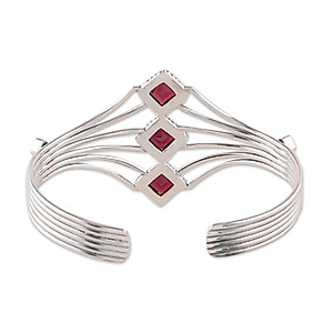 NOVICA Artisan Handmade Garnet Cuff Bracelet Modern Sterling Silver Faceted Red India Aurora Birthstone [6.25 in L (end to End) x 1.5 in W] ' Glamour'
