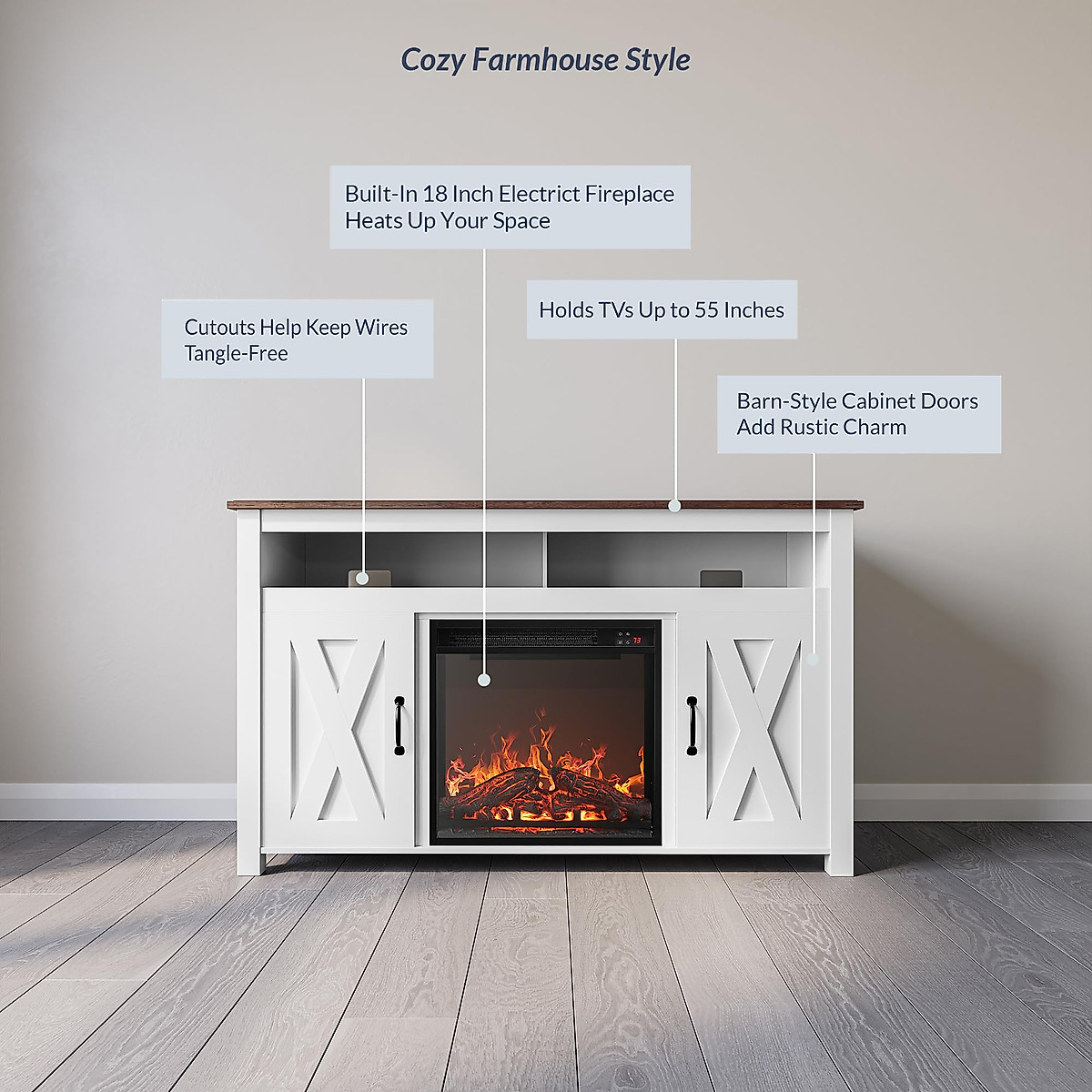 BELLEZE Modern 48" Barn Door Wood TV Stand with 18" Electric Fireplace Heater & Media Entertainment Center Console Table for TV up to 50" with Two Open Shelves and Cabinets - Corin (White)