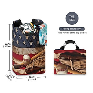 YETTASBIN Baseball American Flag Laundry Hamper, Waterproof Foldable Laundry Basket Large Dirty Clothes Toys Storage Basket with Handle for Bathroom, Bedroom, Laundry Room, Playroom