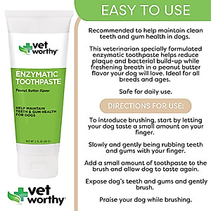 Vet Worthy Peanut Butter Enzymatic Toothpaste for Dogs - For Clean, Healthy Teeth and Gums - Freshen Dogs Breath - Peanut Butter Flavor - Made in the USA - Start Your Dog’s Dental Routine Today - 3oz